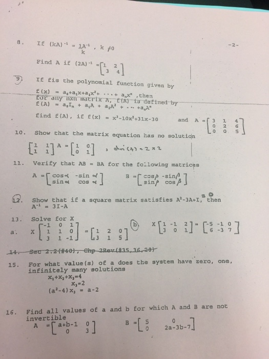 Solved Math 19a Chapter 2 Review 1. invertible dim dim (Bu | Chegg.com