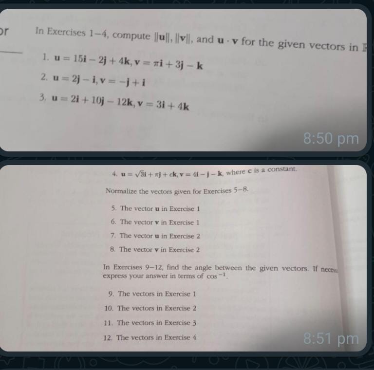 Solved please solve only Q9,10,11,12u=32i+πj+ck,v=4i-j-k, | Chegg.com