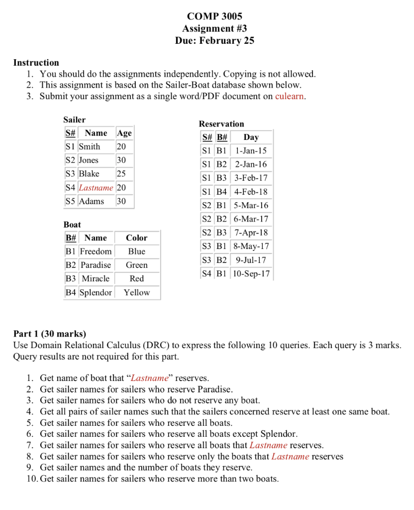 COMP 3005 Assignment #3 Due: February 25 Instruction | Chegg.com