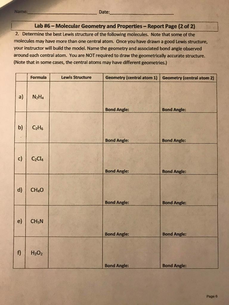 Solved Name: Date: Lab #6 - Molecular Geometry and | Chegg.com