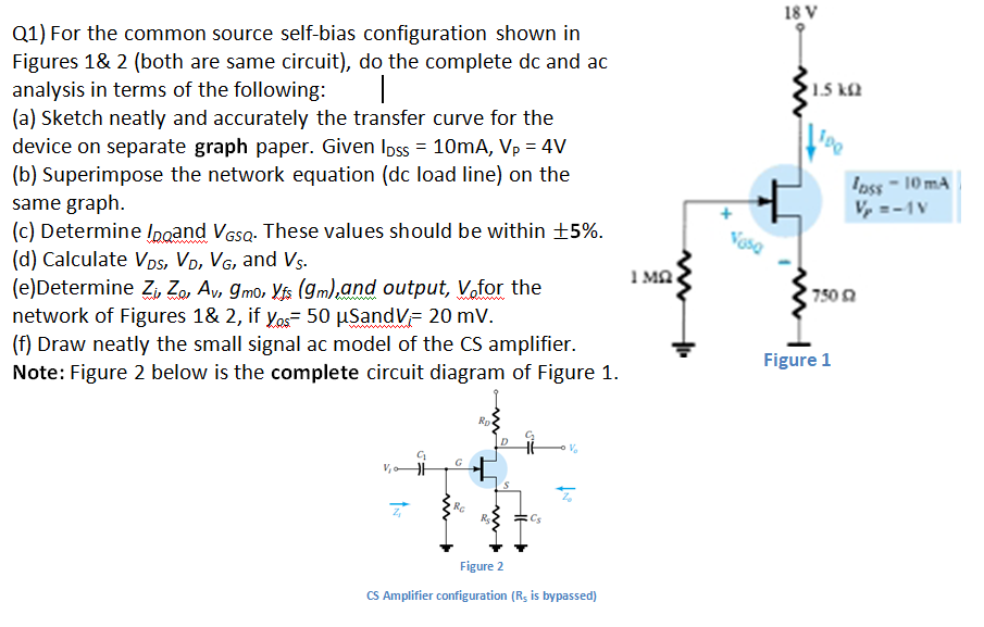 Solved isko Q1) For the common source self-bias | Chegg.com