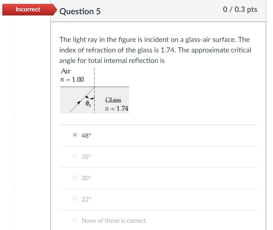 Solved Incorrect Question 5 0/0.3 pts The light ray in the | Chegg.com