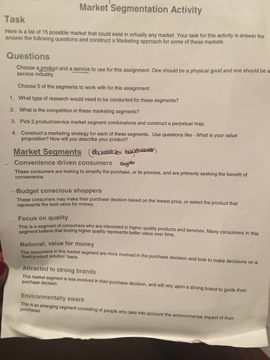Solved Market Segmentation Activity Task Here is a list of | Chegg.com