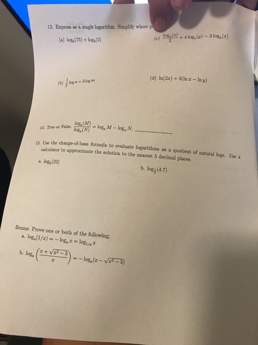 Solved 13. Express as a single logarithm. Simplify where (a) | Chegg.com