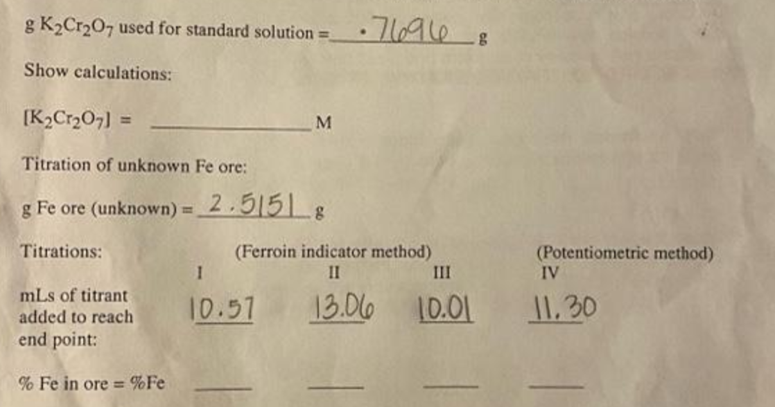 Using this equation, calculate the % of Fe for the | Chegg.com