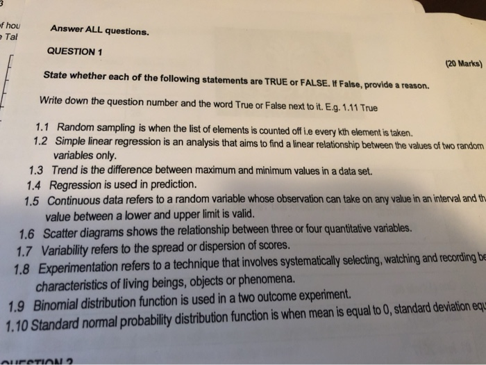 Solved f hou Answer ALL questions. Tal QUESTION 1 20 Marks) | Chegg.com