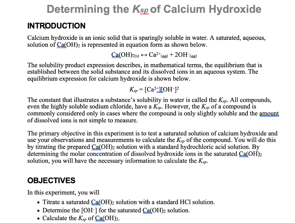 Solved Determining The Ksp Of Calcium Hydroxide INTRODUCTION Chegg Solved Determining The Ksp Of Calcium Hydroxide INTRODUCTION Chegg