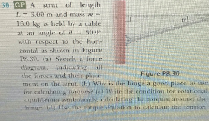 Solved 30. GP A strut of length L=3.00 m and mass m= 16.0 kg | Chegg.com