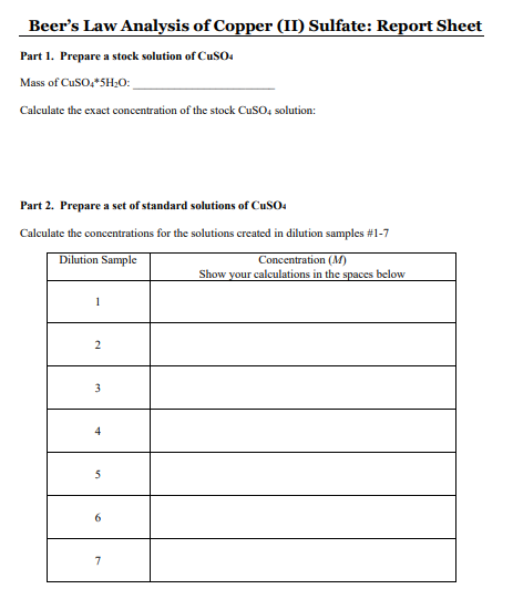 Part 2. Prepare a set of standard solutions of CuSO4 | Chegg.com