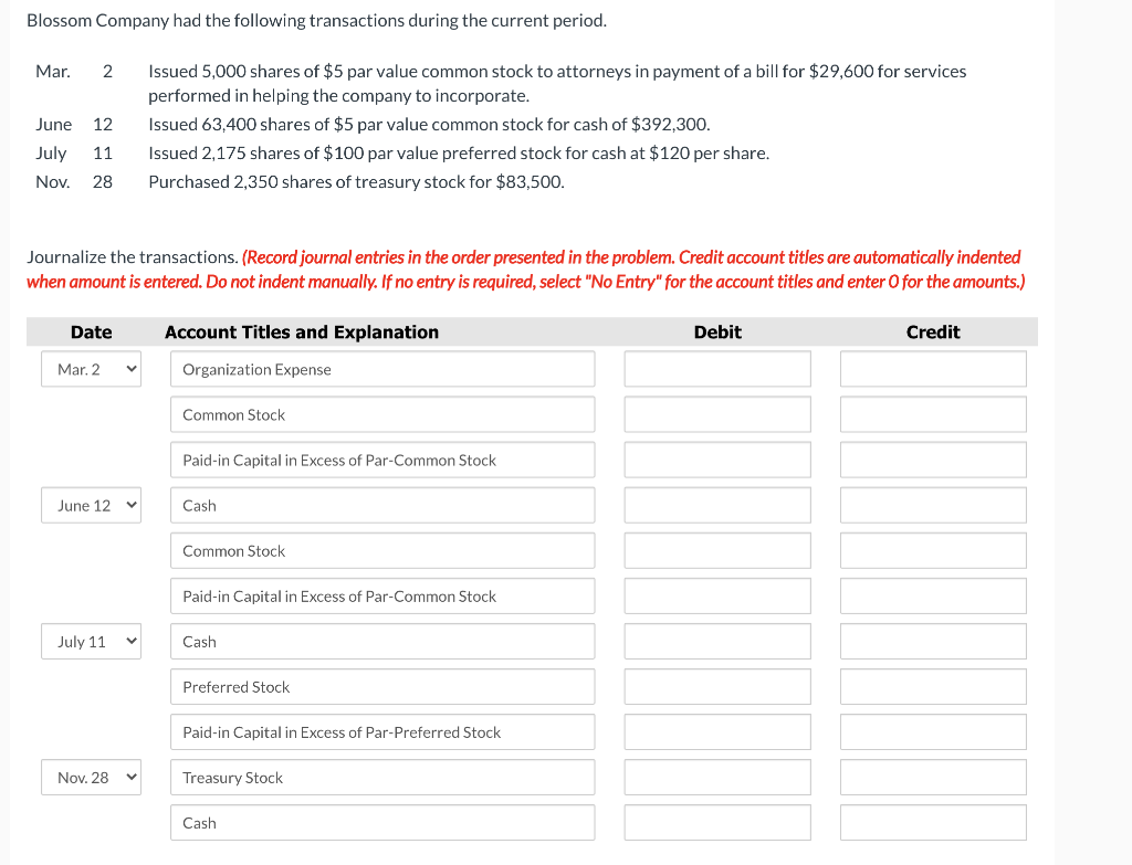 Solved Blossom Company had the following transactions during | Chegg.com