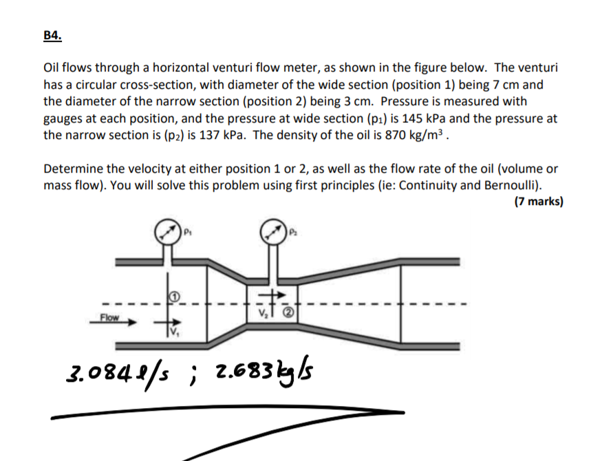 Solved B4 Oil flows through a horizontal venturi flow meter, | Chegg.com