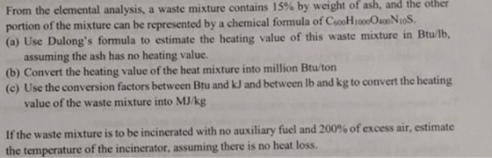 Solved From the analysis a waste mixture contains 15% by | Chegg.com