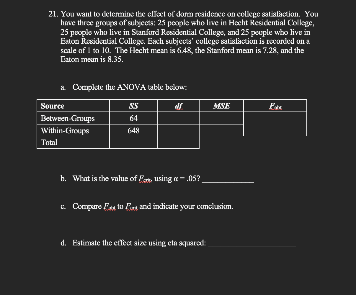Solved 21. You want to determine the effect of dorm | Chegg.com
