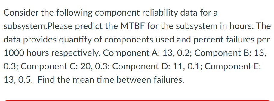 Solved Consider the following component reliability data for | Chegg.com