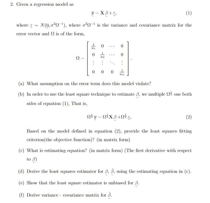 2. Given a regression model as ∼y=X∼β+∼ε, where | Chegg.com