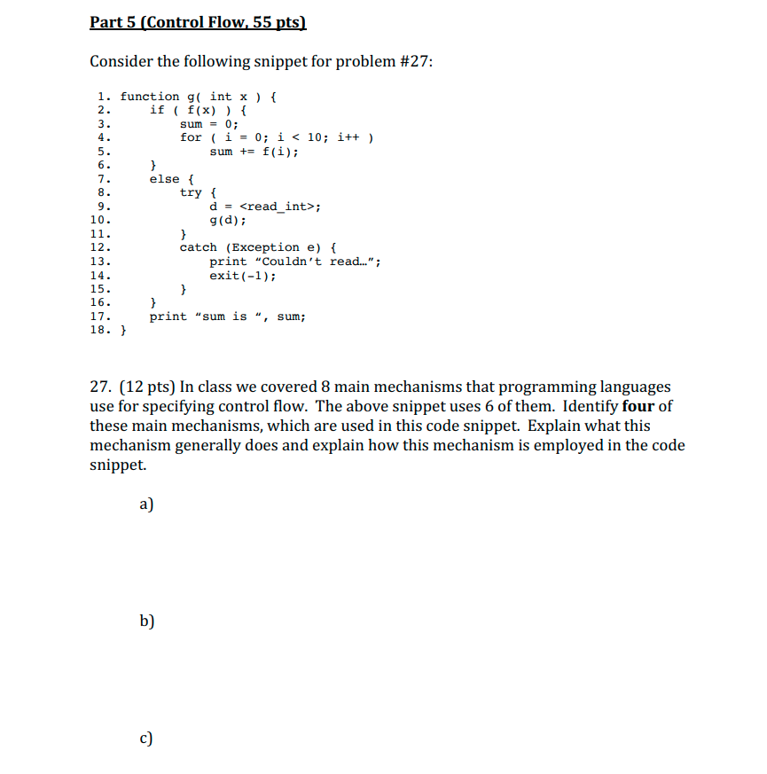 Solved Part 5 (Control Flow, 55 pts) Consider the following | Chegg.com