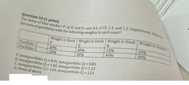 Solved Question 10 (1 point) The betas of four stocks | Chegg.com