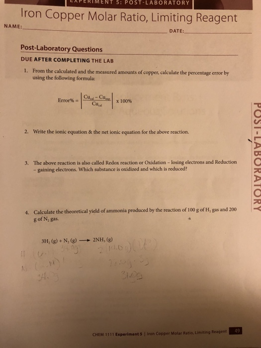 Solved APERIMENT S: POST-LABORATORY Iron Copper Molar Ratio, | Chegg.com