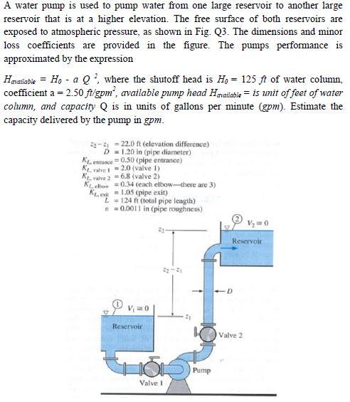 Solved A water pump is used to pump water from one large | Chegg.com