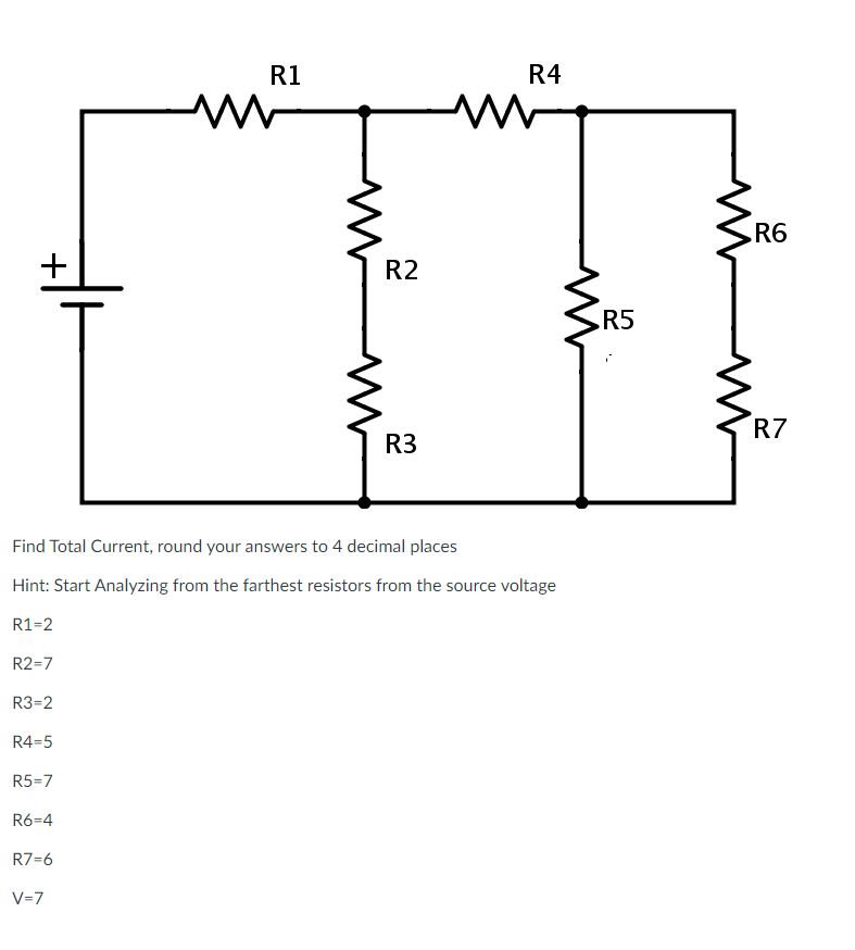 Solved R1 R4 w R6 + R2 w R5 mo R7 R3 Find Total Current, | Chegg.com