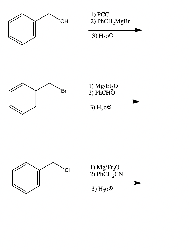 Solved 1) PCC 2) PhCH MgBr OH 3) H300 1) Mg/Eto 2) PhCHO 3) | Chegg.com