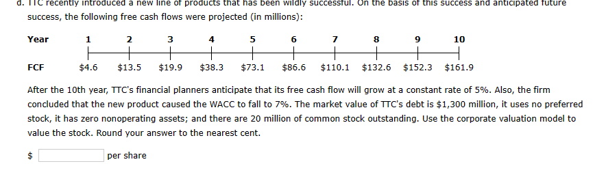 Solved b. Now assume that TC's period of supernormal growth | Chegg.com