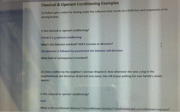 Solved Classical & Operant Conditioning Examples (1) Robert | Chegg.com