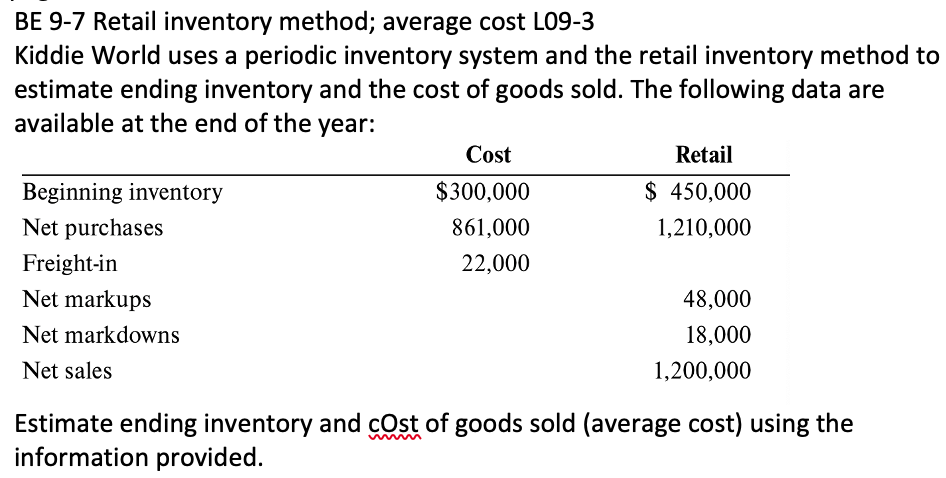 Solved BE 9-7 Retail inventory method; average cost L09-3 | Chegg.com