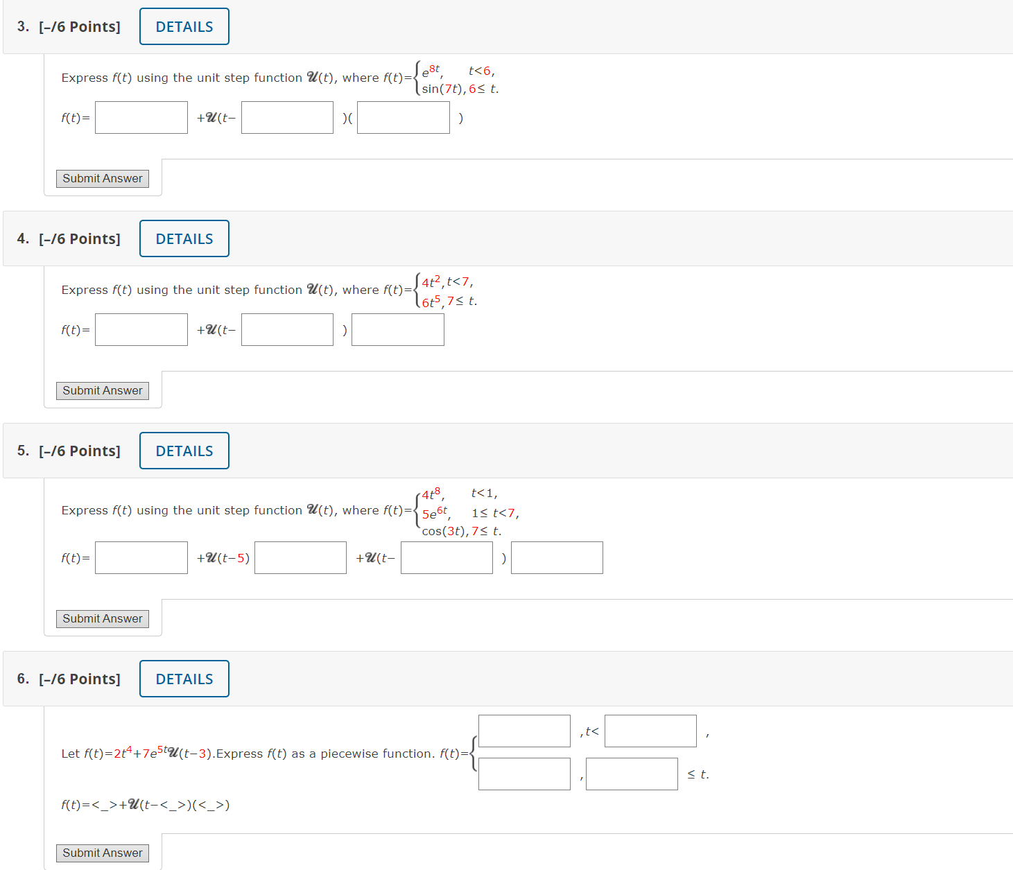 Solved [-/6 ﻿Points]Express f(t) ﻿using the unit step | Chegg.com