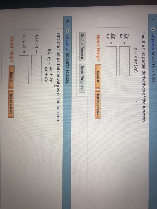Solved 5. O -12 points SCalcET8 14.3.020 Find the first | Chegg.com
