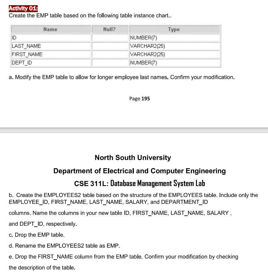 Solved Actlvity 01: Create the EMP table based on the | Chegg.com