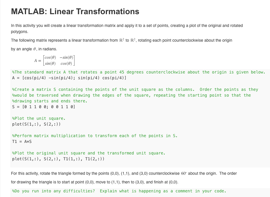 Solved MATLAB Linear Transformations In This Activity You Chegg