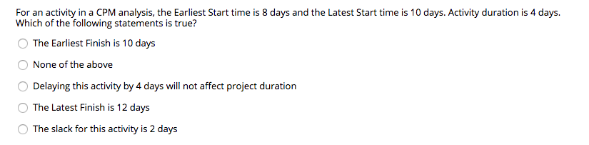 Solved For an activity in a CPM analysis, the Earliest | Chegg.com