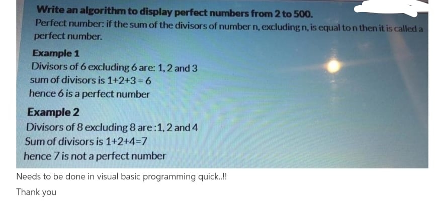 Solved Write an algorithm to display perfect numbers from 2 | Chegg.com