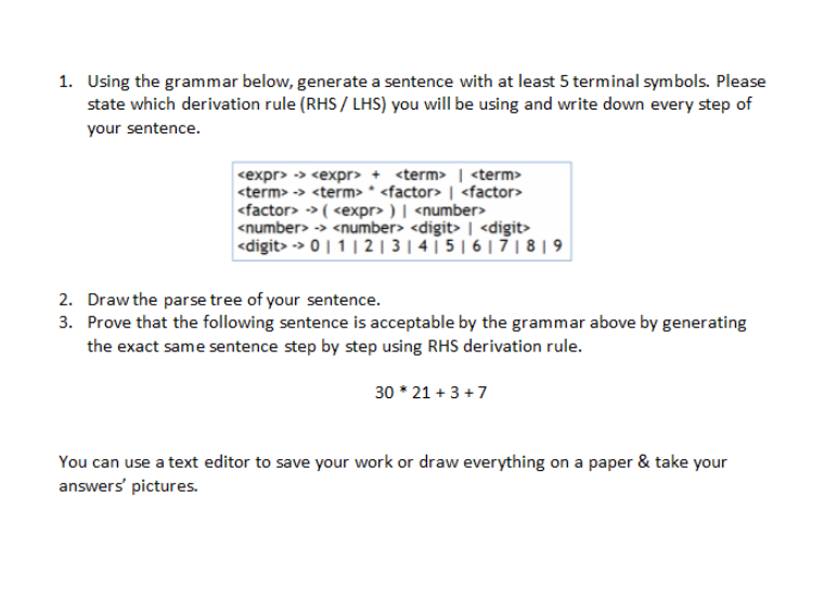 Solved 1. Using the grammar below, generate a sentence with | Chegg.com