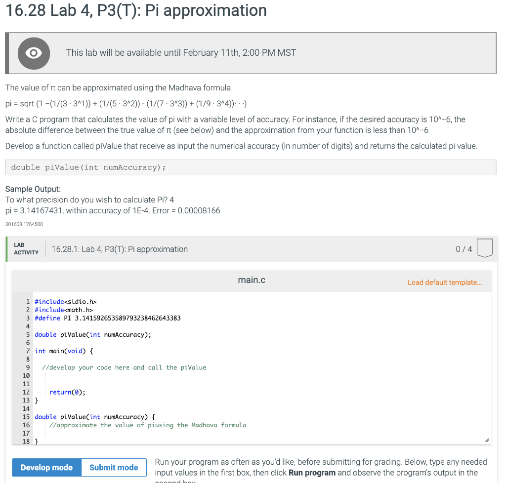 Post in C language. pi = sqrt(12) * (1 −(1/(3 · 3^1)) | Chegg.com