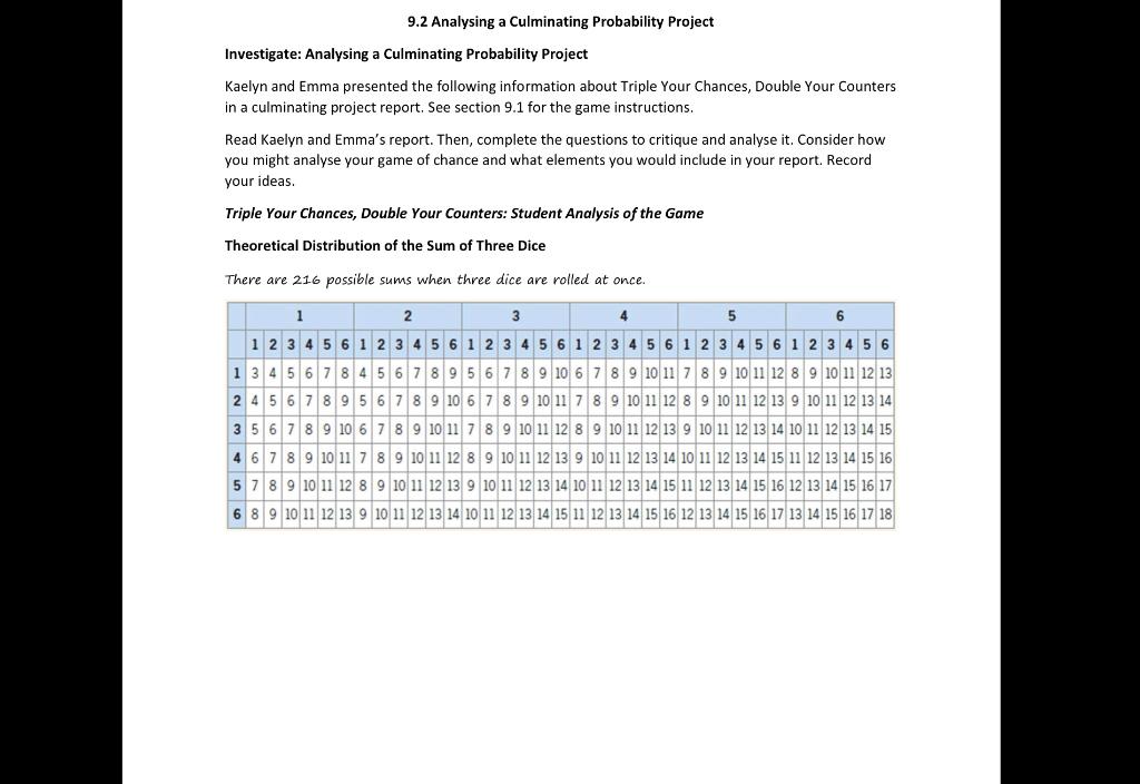 9.2 Analysing a Culminating Probability Project | Chegg.com
