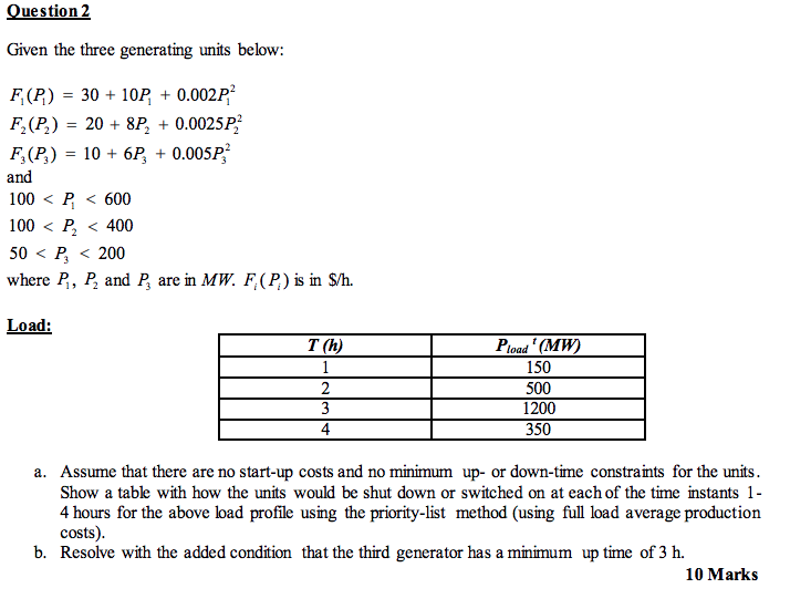 Solved Question2 Given the three generating units below F(R) | Chegg.com