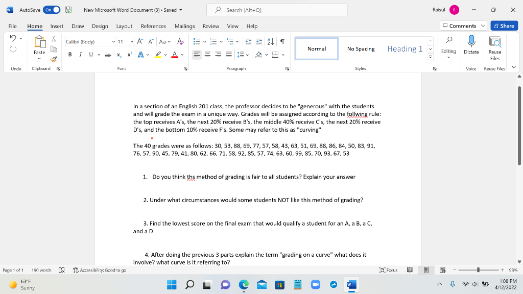 Solved W AutoSave On he New Microsoft Word Document 3) . | Chegg.com