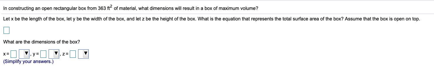 Solved In constructing an open rectangular box from 363 ft | Chegg.com