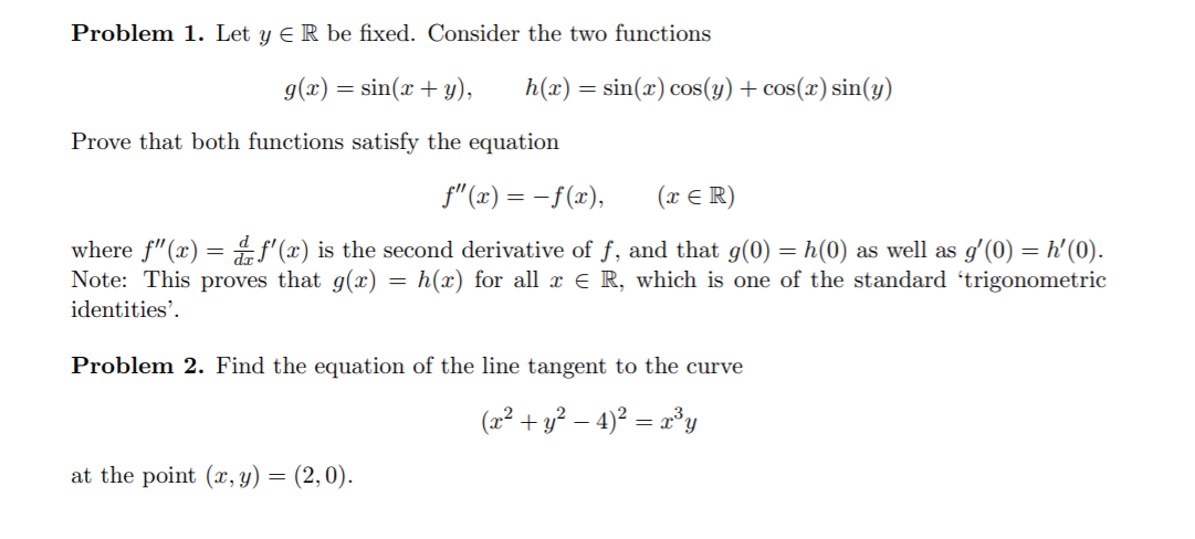 Solved Problem 1. Let y E R be fixed. Consider the two | Chegg.com
