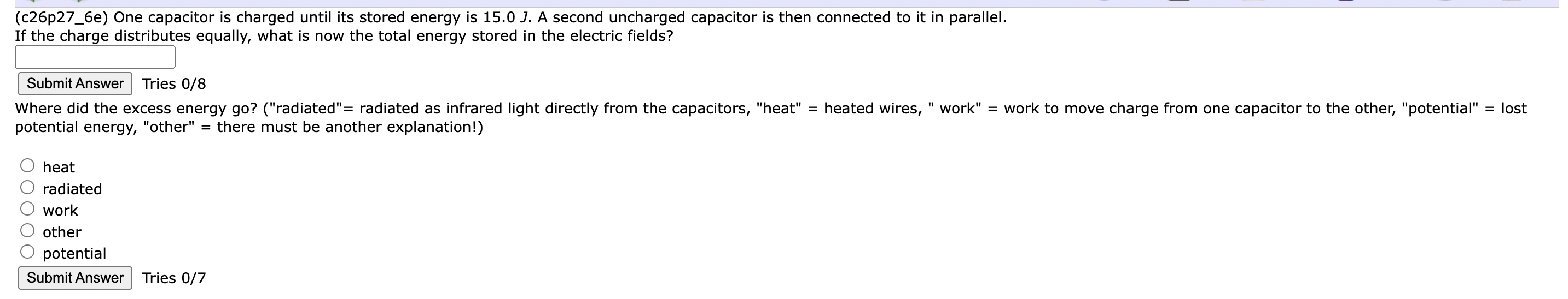 Solved (c26p27_6e) One capacitor is charged until its stored | Chegg.com