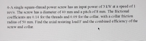 Solved 4-A single square-thread power screw has an input | Chegg.com