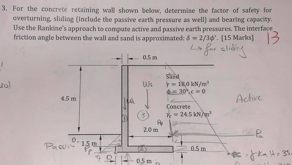 Solved 3. For the concrete retaining wall shown below, | Chegg.com