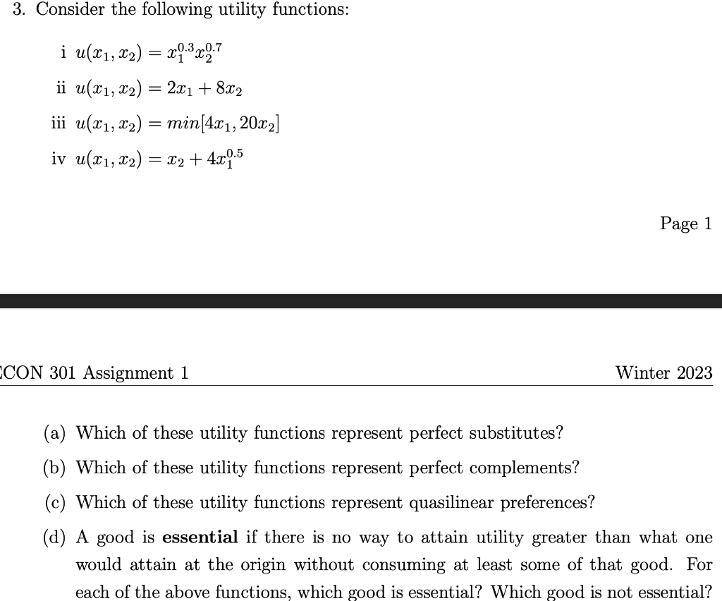 Solved Consider the following utility functions: i u(x1,x2) | Chegg.com