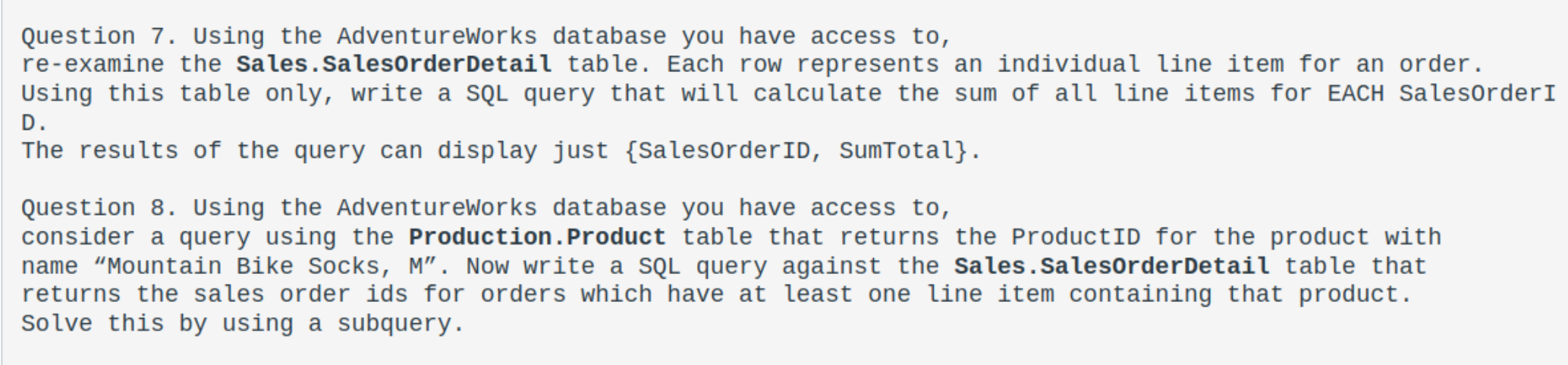 Question 7. Using the Adventureworks database you | Chegg.com