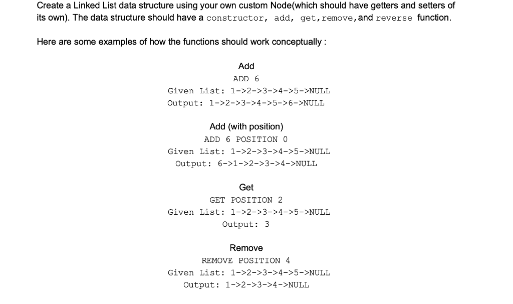 Solved Create a Linked List data structure using your own | Chegg.com