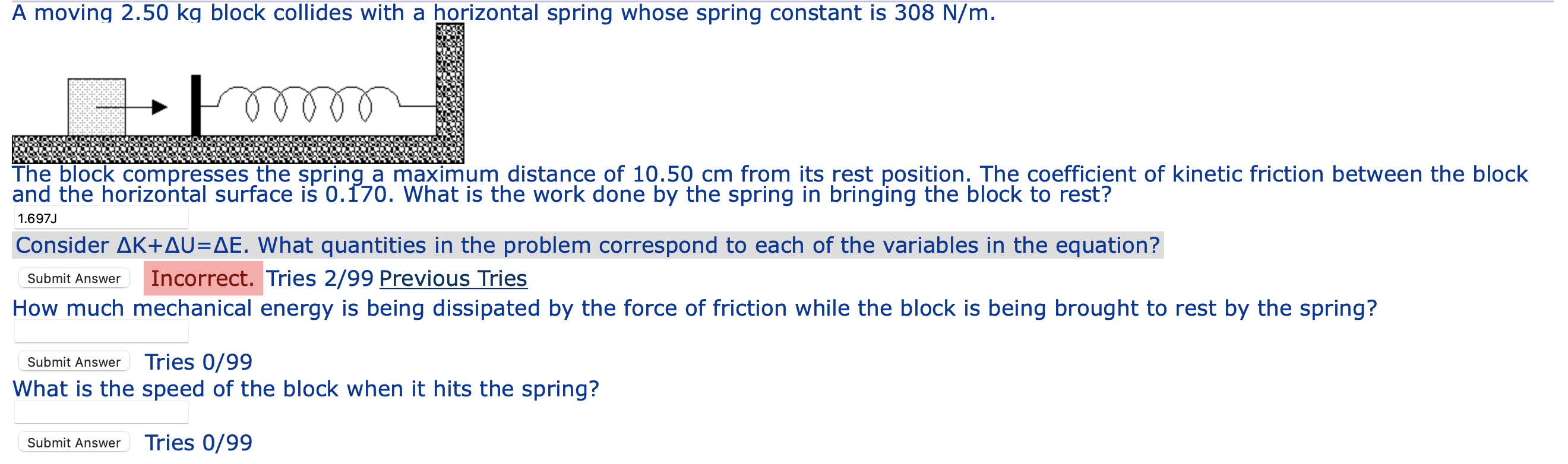 Solved A moving 2.50 kg block collides with a horizontal | Chegg.com