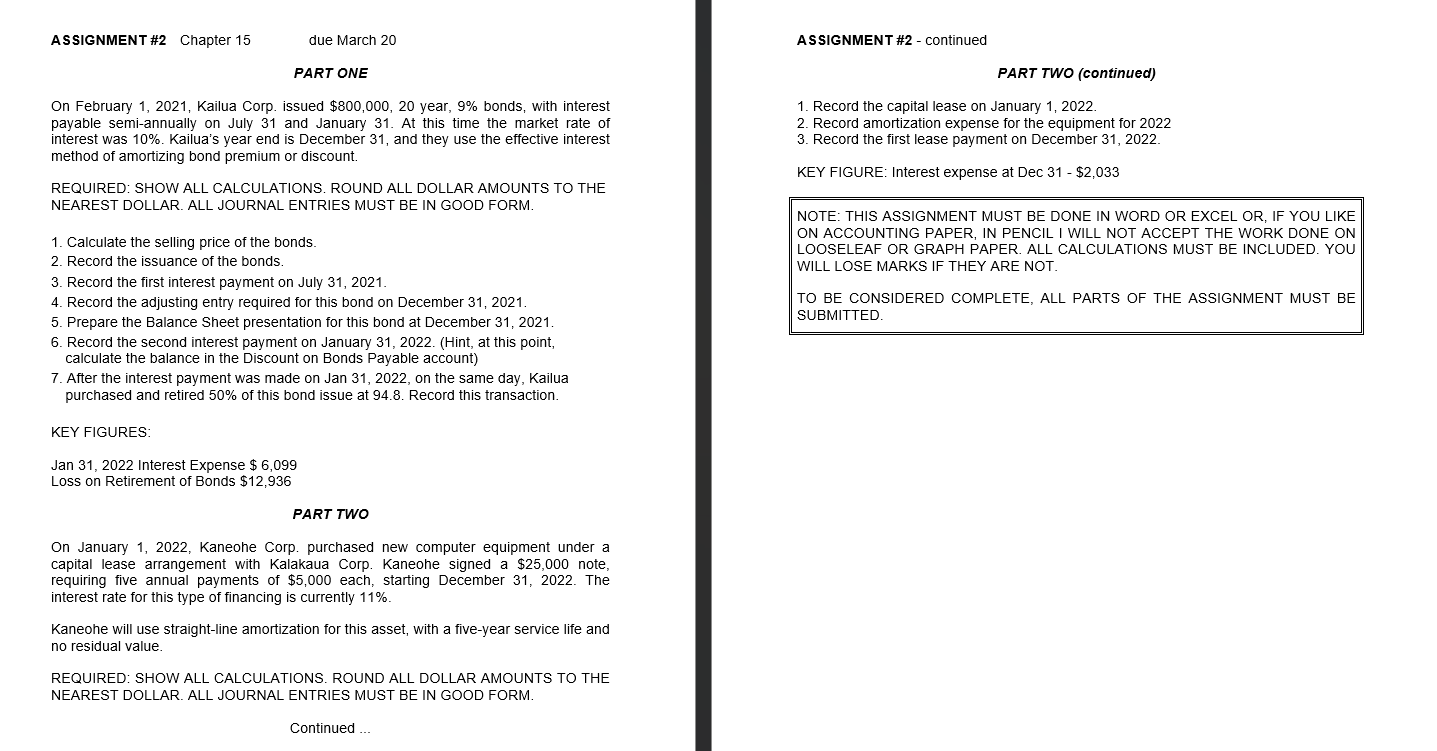 Solved ASSIGNMENT \#2 Chapter 15 due March 20 ASSIGNMENT | Chegg.com