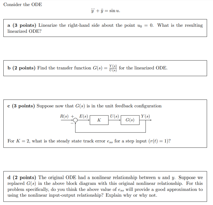 Consider the ODE \[ \dddot{y}+\ddot{y}=\sin u . \] a | Chegg.com